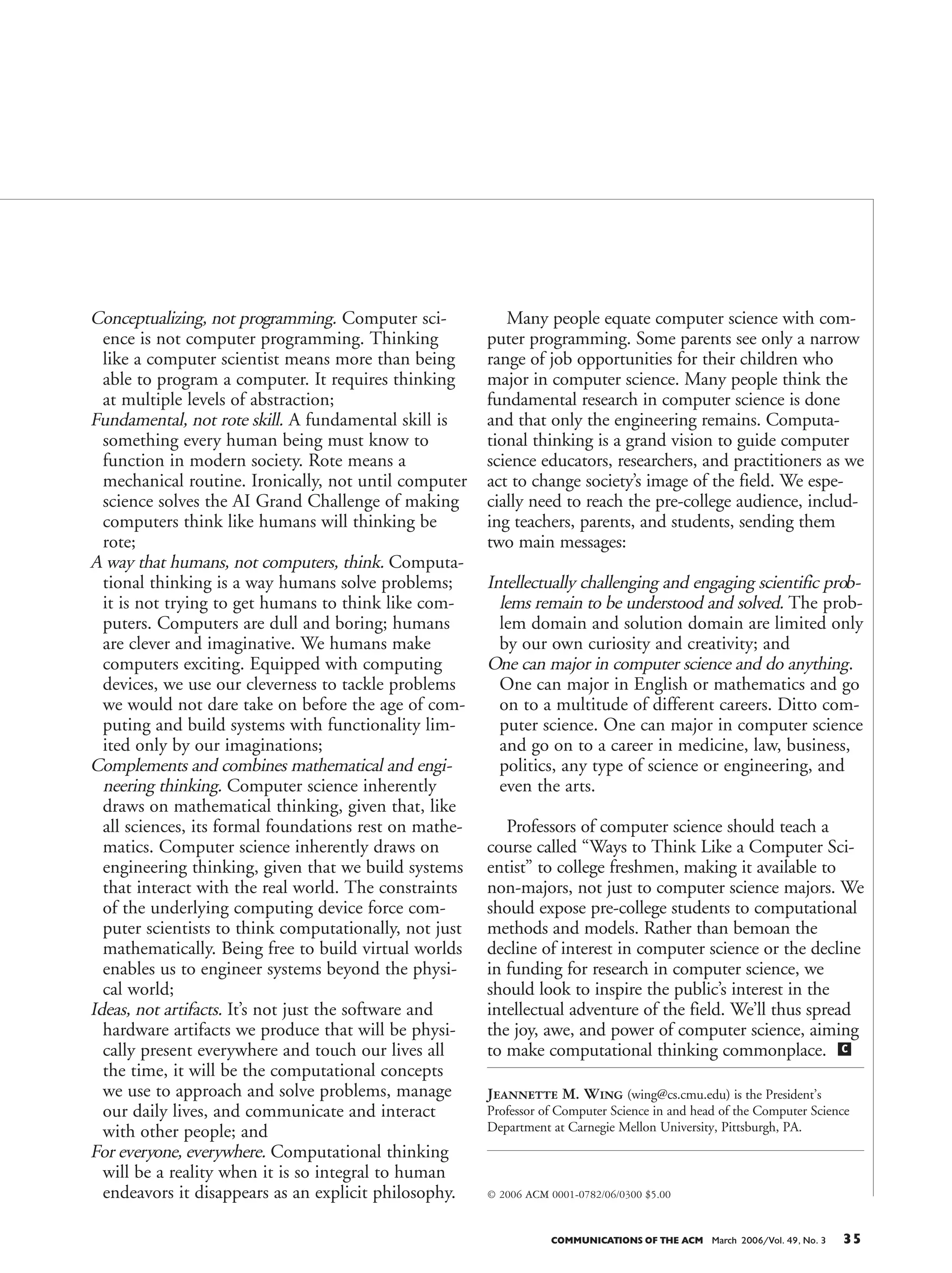 Computational thinking jeannette m. wing | PDF | Computing | Technology & Computing