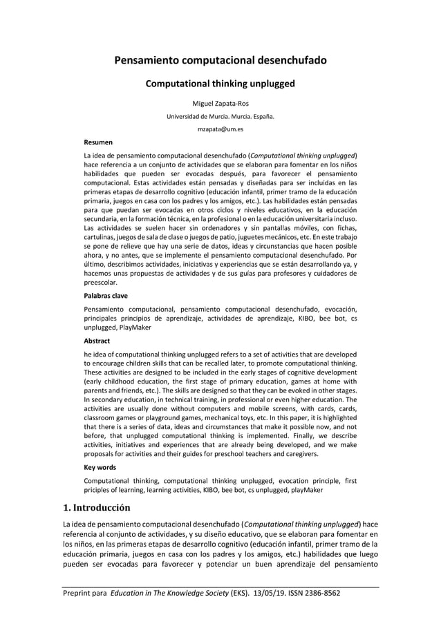 Pensamiento computacional desconectado. Computational thinking ...