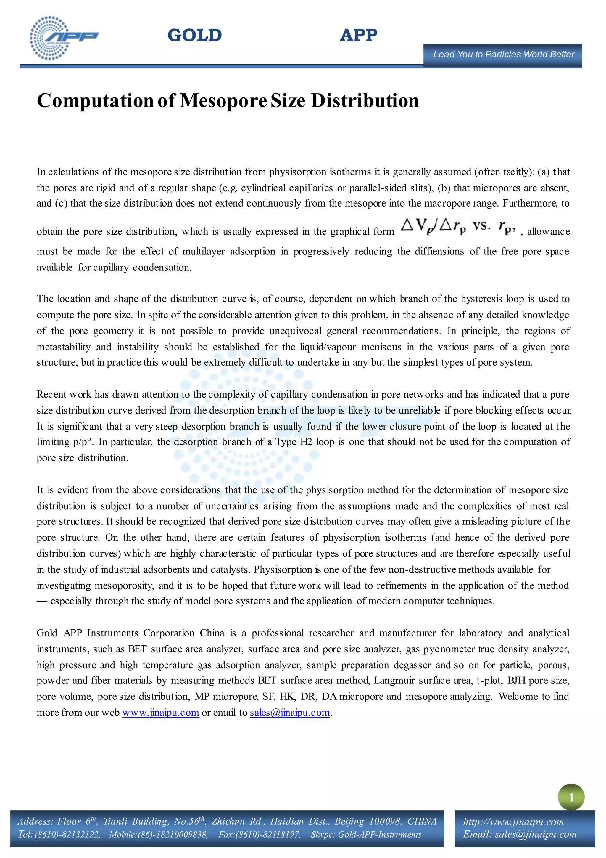 Computation of mesopore size distribution | DOCX | Chemistry | Science