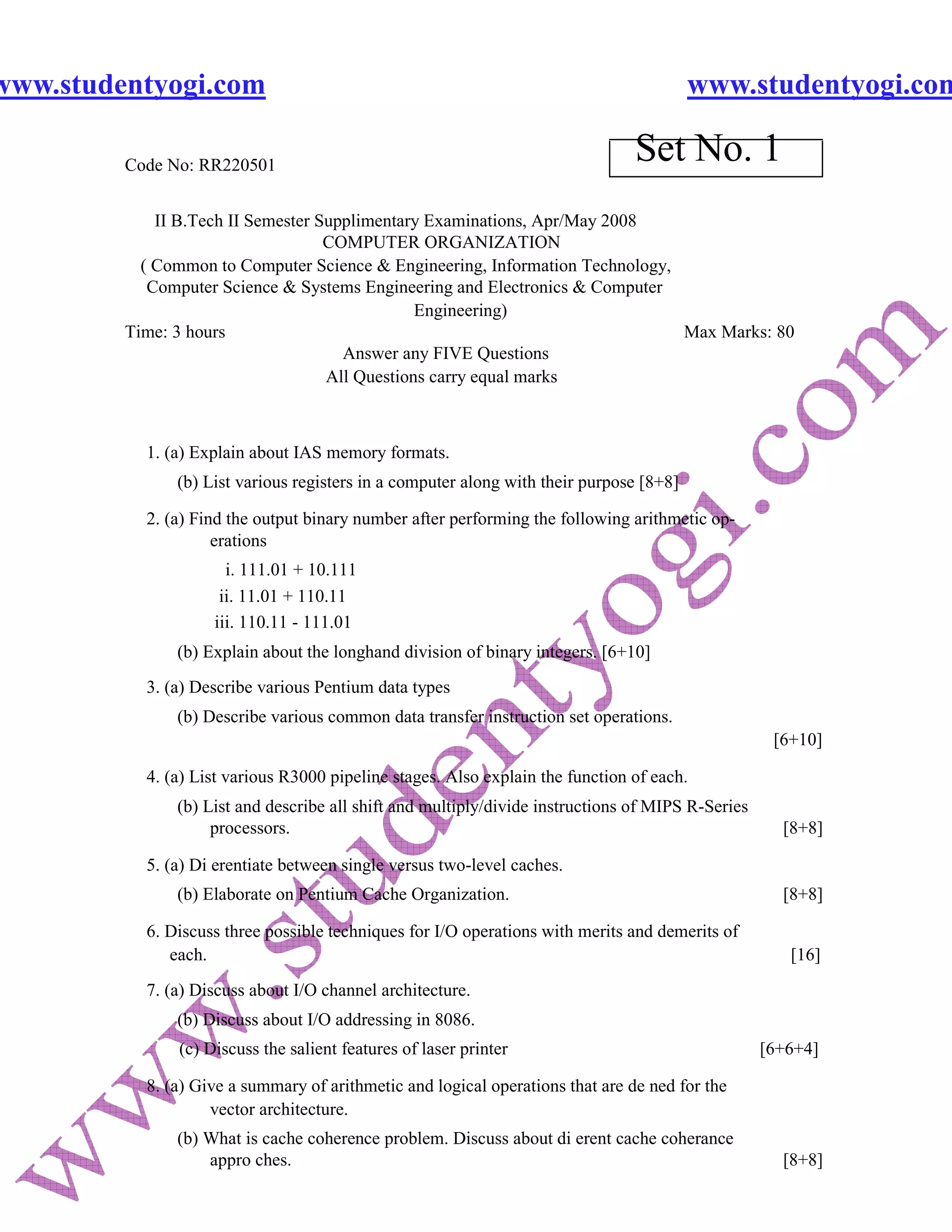 Computer Organization Jntu Model Paper{Www.Studentyogi.Com} | PDF