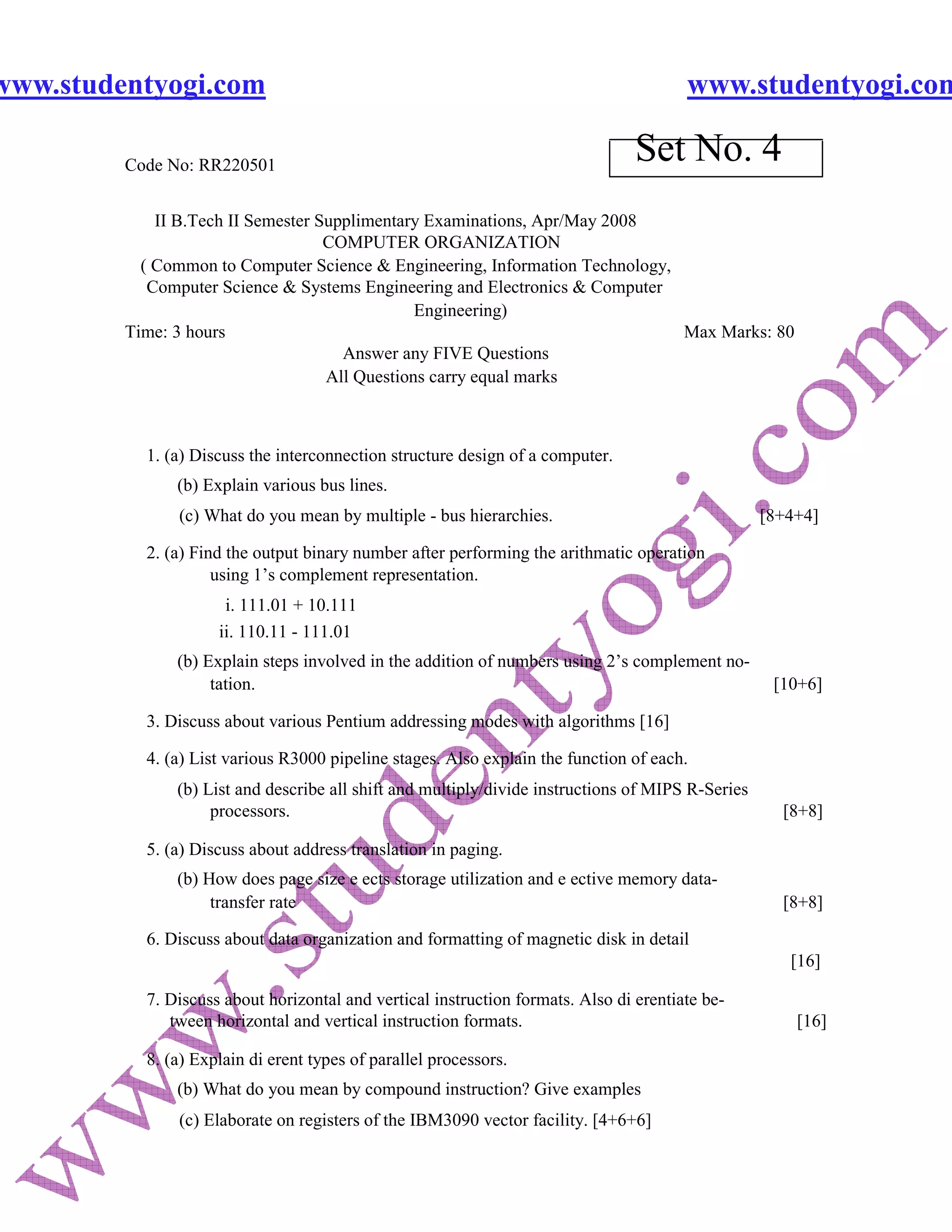 Computer Organization Jntu Model Paper{Www.Studentyogi.Com} | PDF