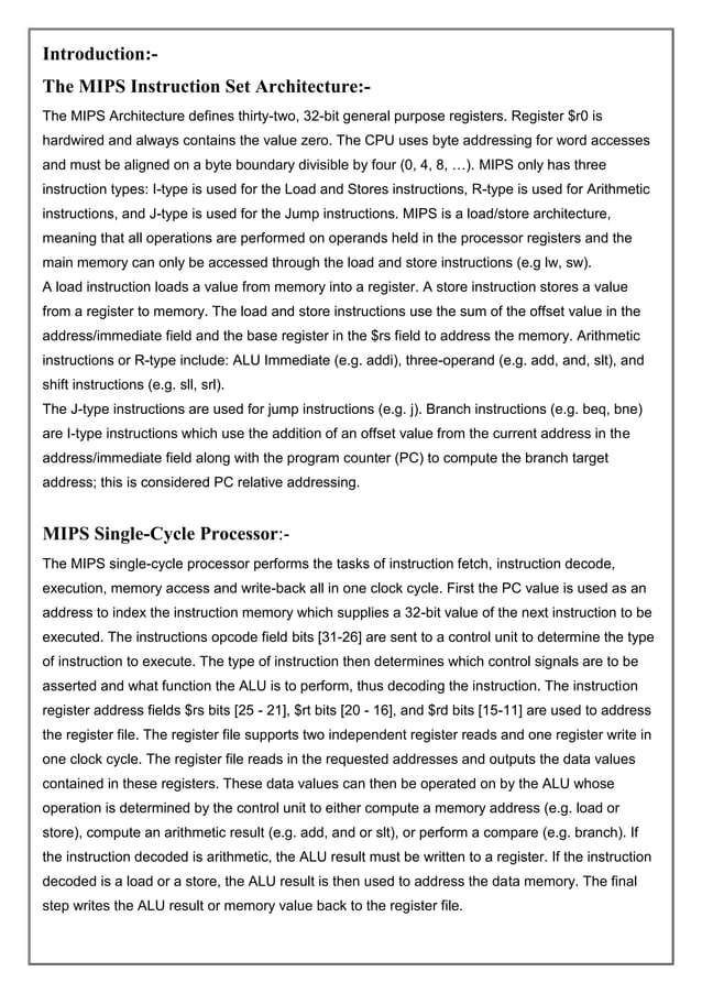 Implementation Of Mips Single Cycle Processor Pdf