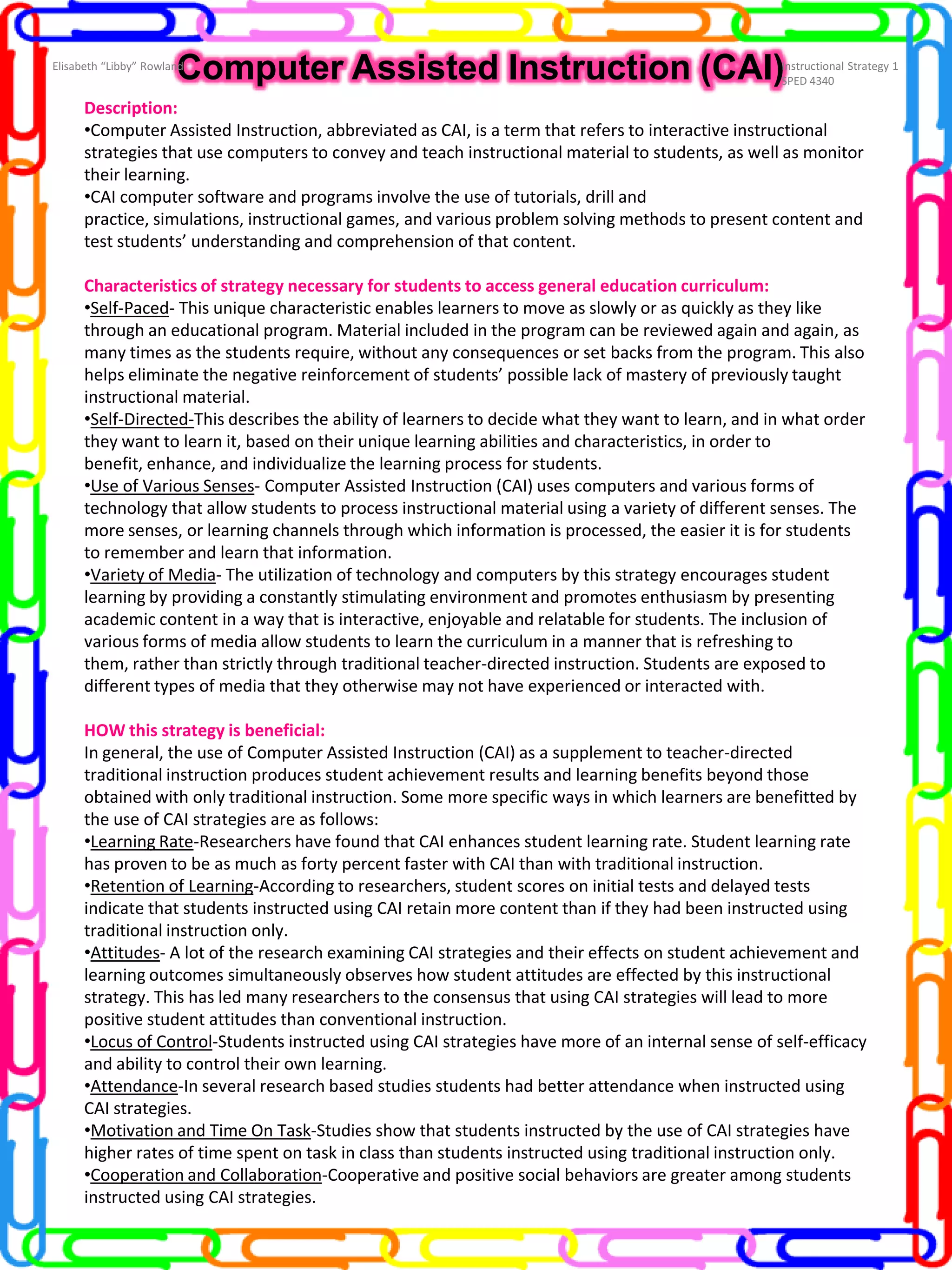 Computer assisted instruction strategy | PDF