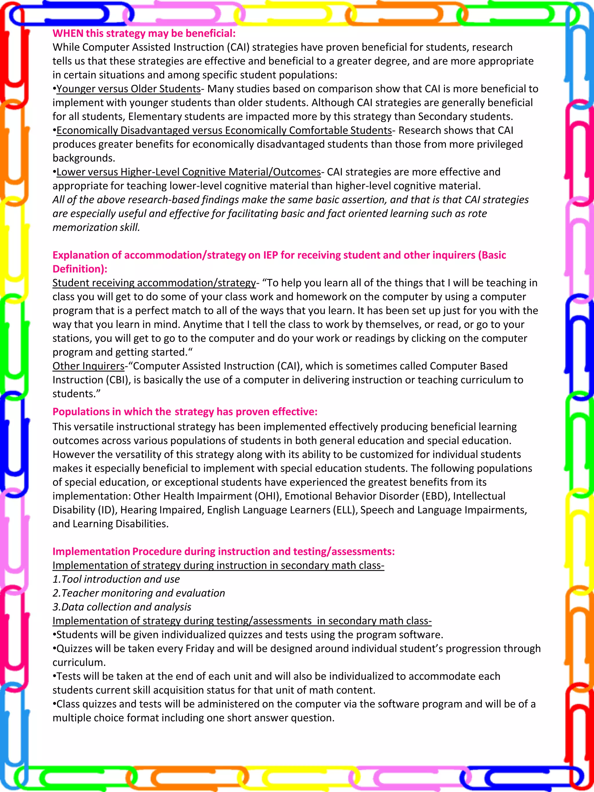 Computer assisted instruction strategy | PDF