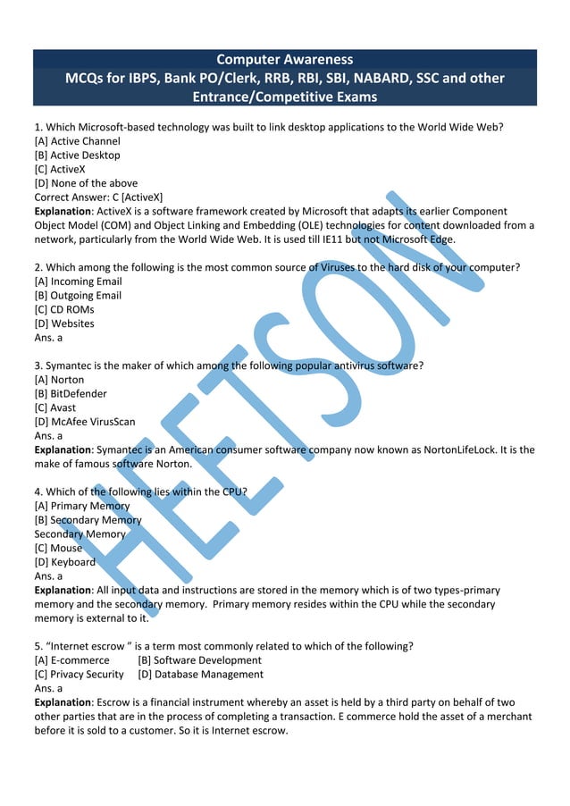 Computer Awareness MCQ Most Important Question | PDF