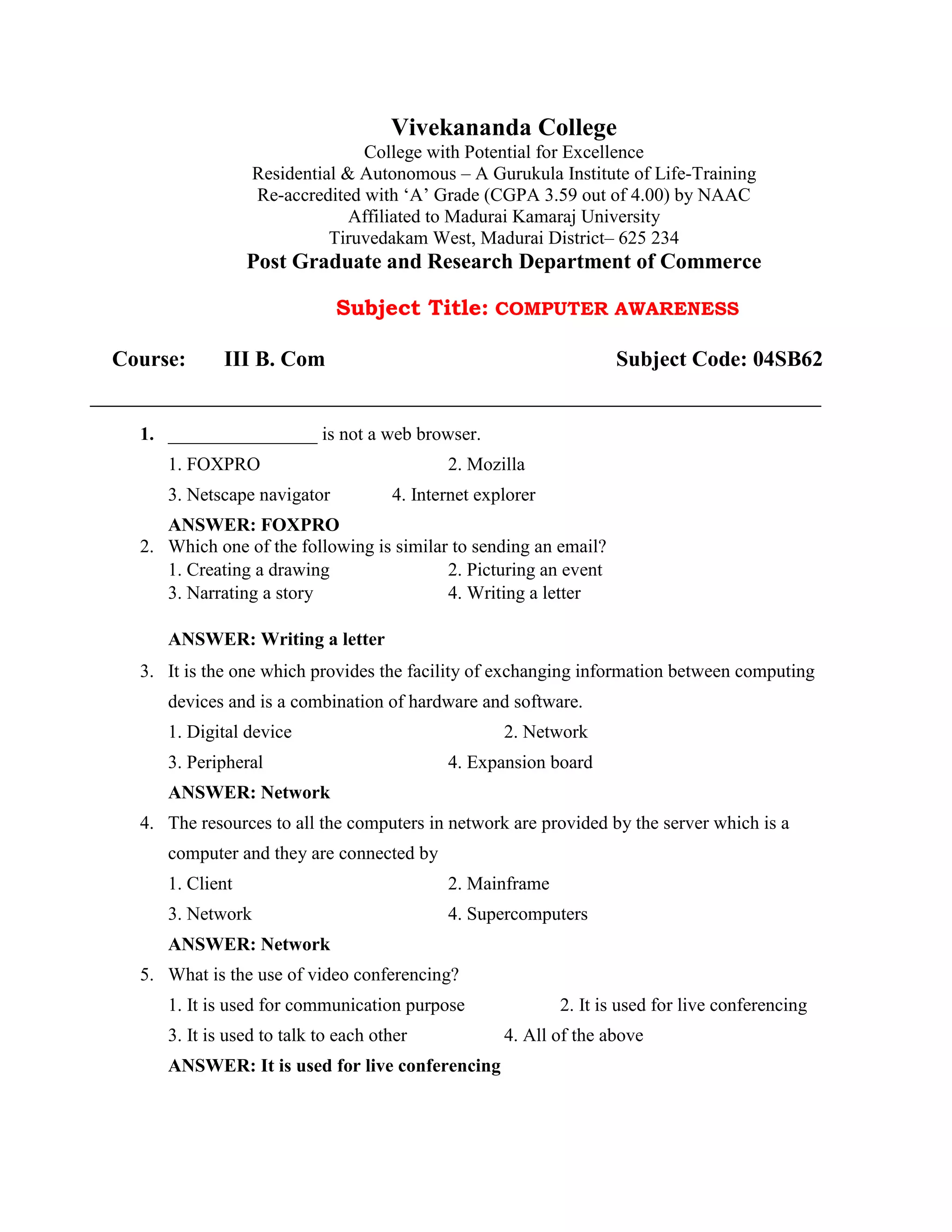 Computer awarness question bank | PDF