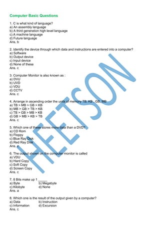 Computer Basic Questions and answers MCQ | PDF