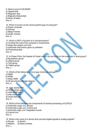Computer Basic Questions and answers MCQ | PDF