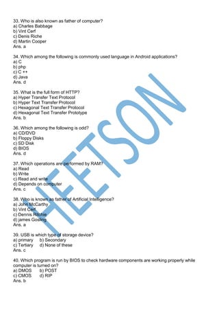 Computer Basic Questions and answers MCQ | PDF