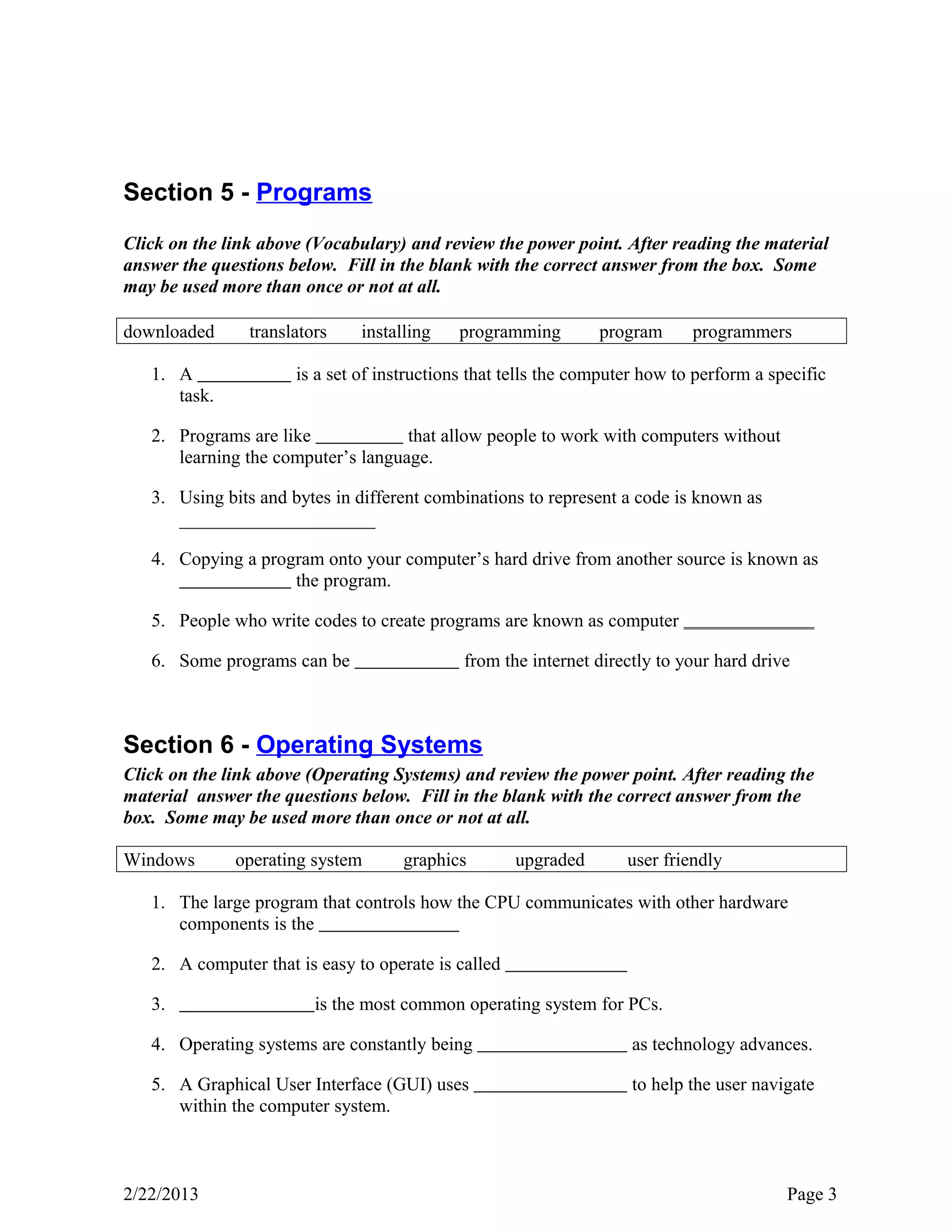 Computer basics worksheet | DOC