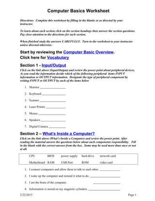 Computer basics worksheet | PDF