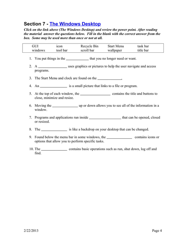Computer basics worksheet