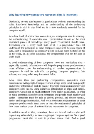 Computer data representation (integers, floating-point numbers, text ...