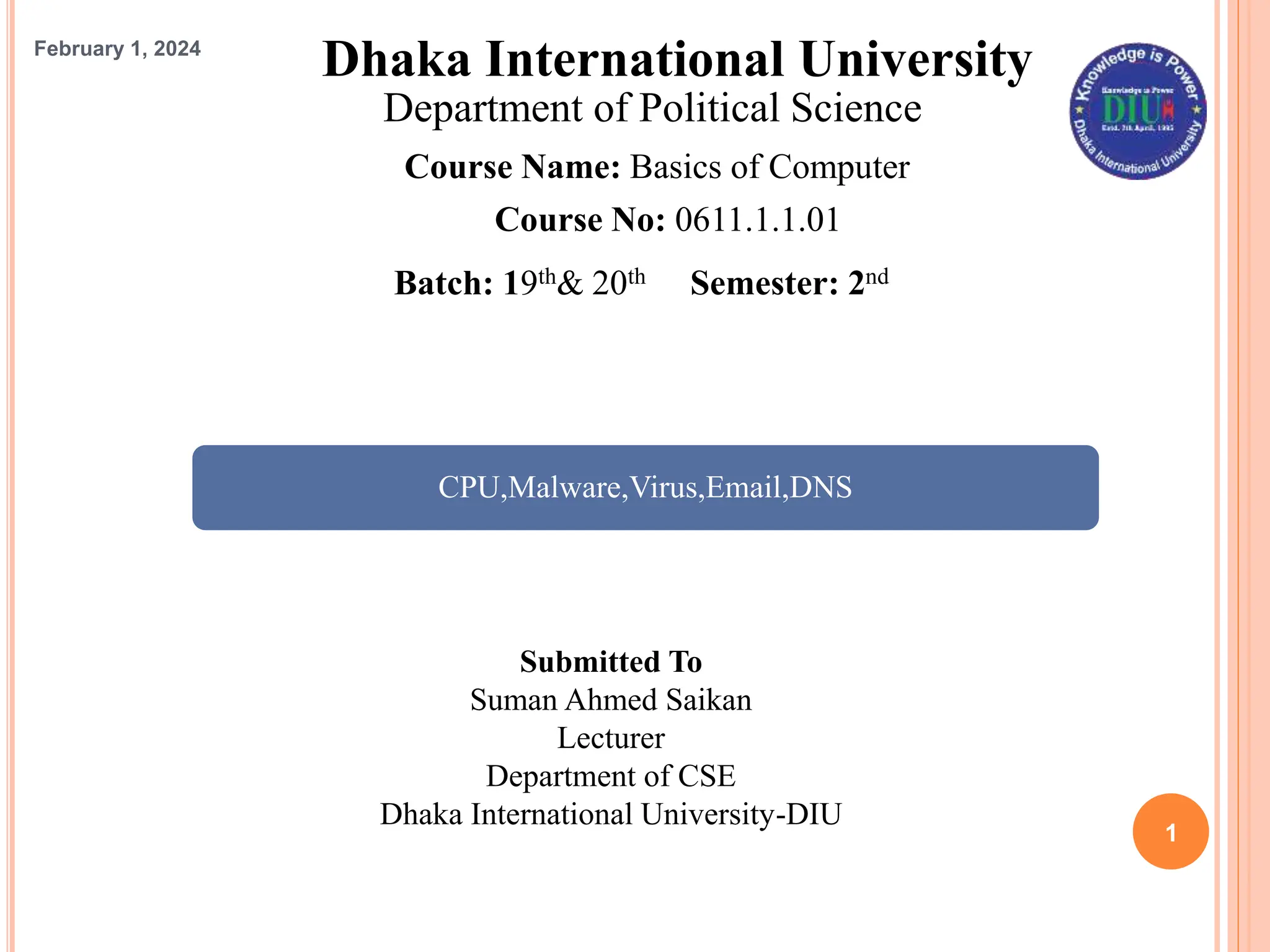 Basics of Computer(Malware,CPU,Virus,Software,DNS) | PPT