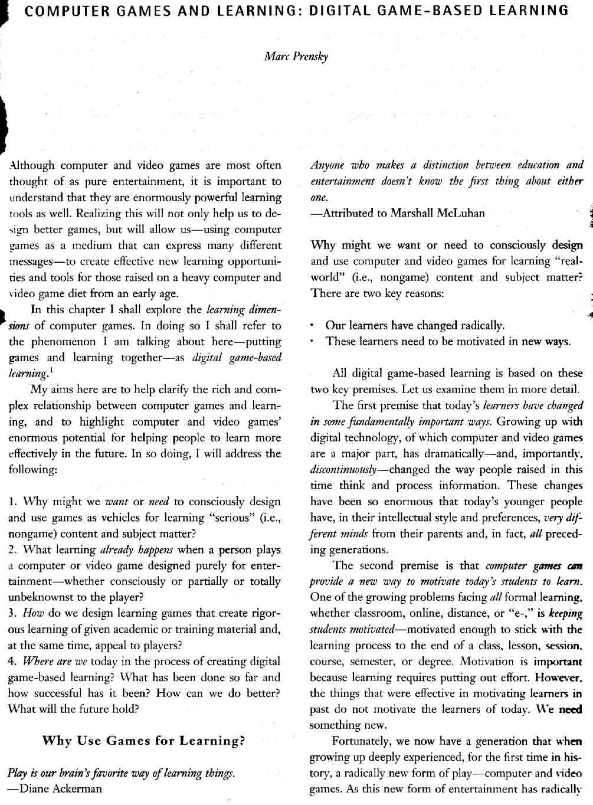 Computer games and learning digital game based learning. Marc Prensky. | PDF