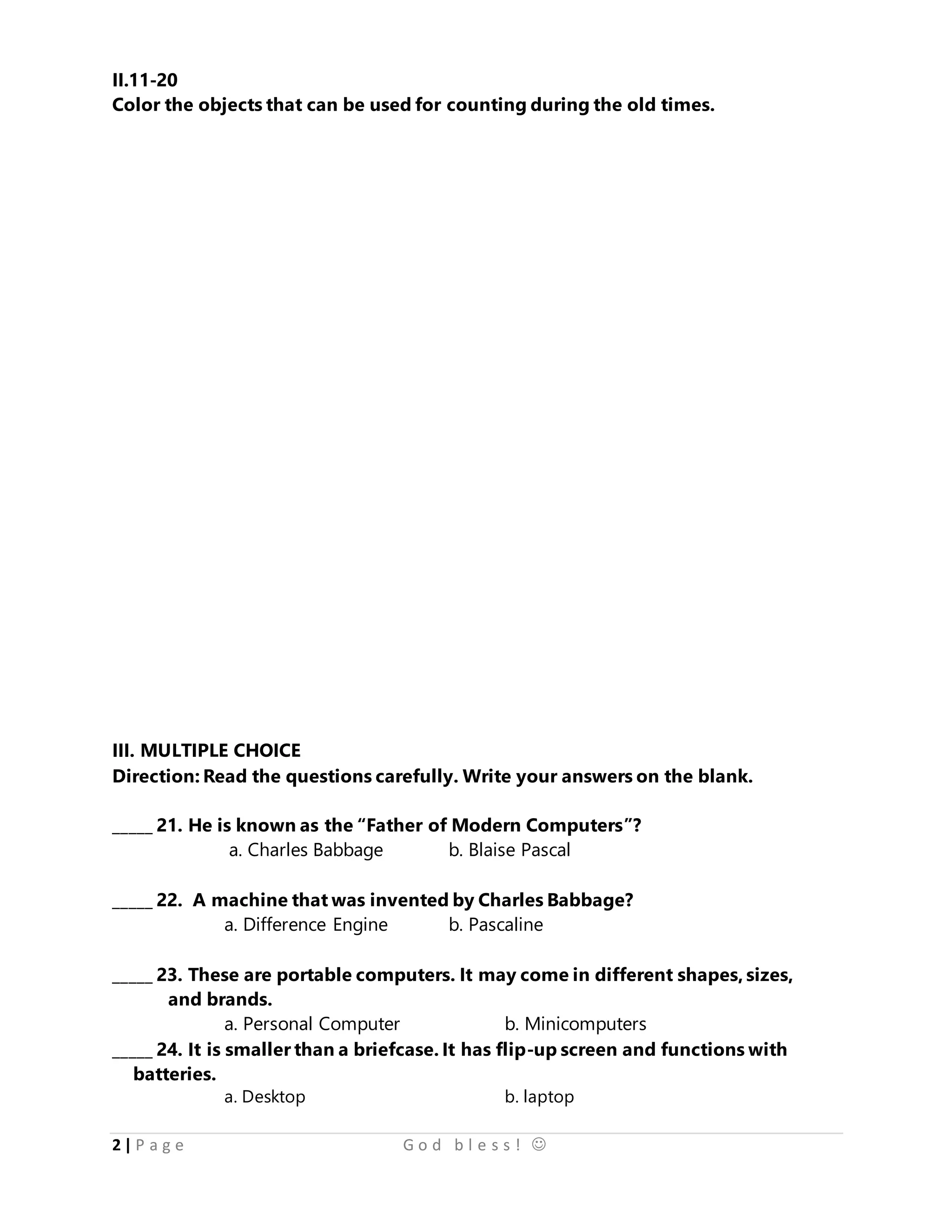 Computer grade 1- 1st Quarter Exam | DOCX