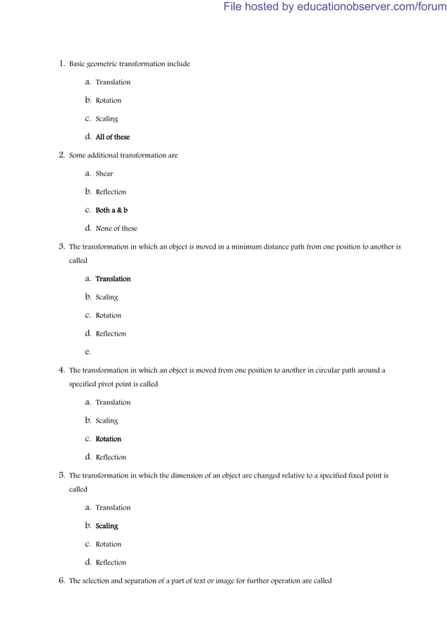 Computer graphics mcq question bank | PDF