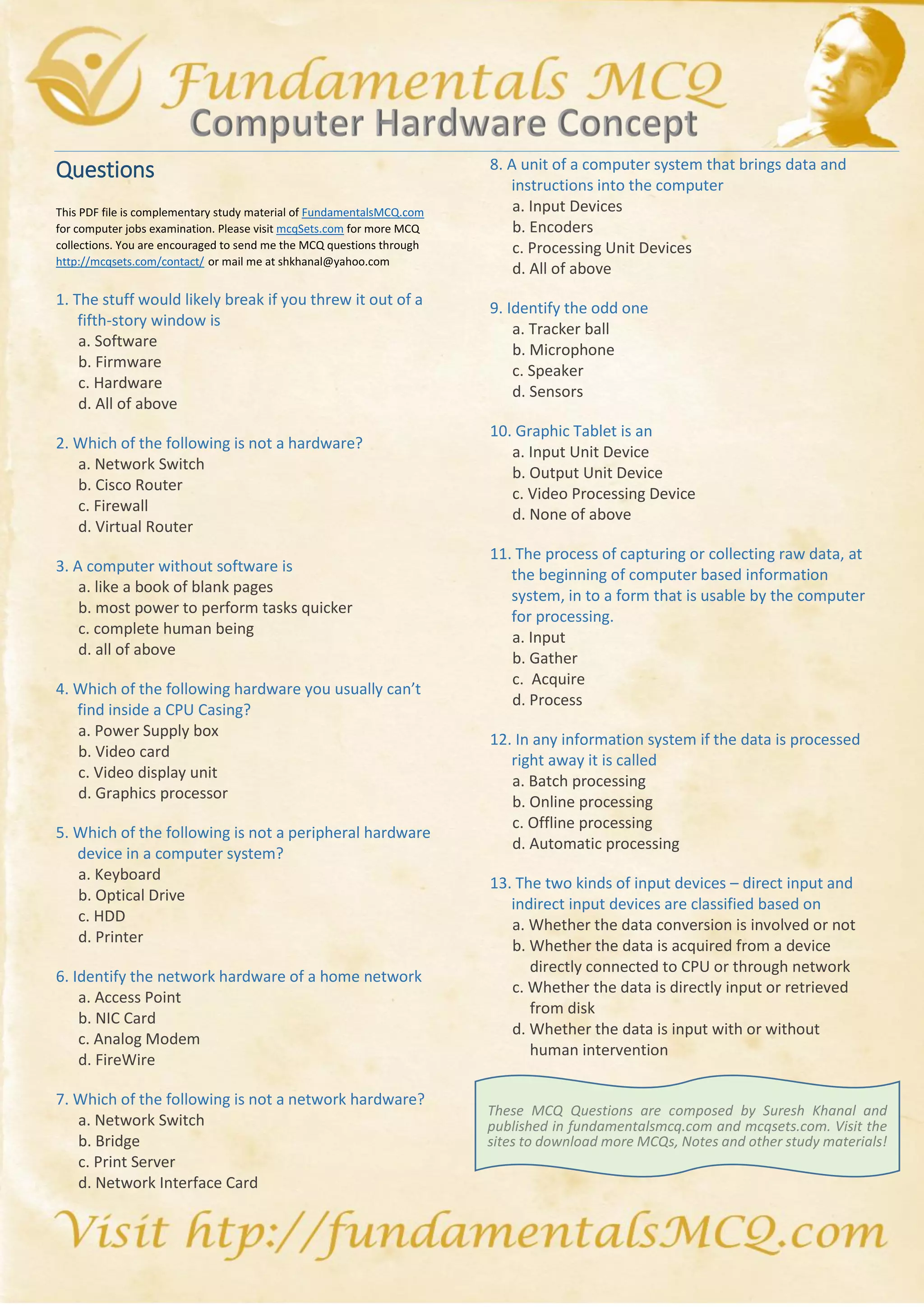 Computer hardware concepts mcq paper | PDF