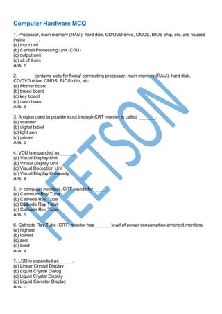 Computer Hardware MCQ Basic to Advanced Question | PDF