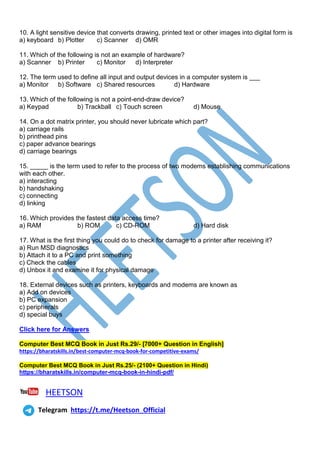 Computer Hardware MCQ Basic to Advanced Question | PDF