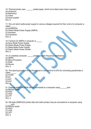 Computer Hardware MCQ Basic to Advanced Question | PDF