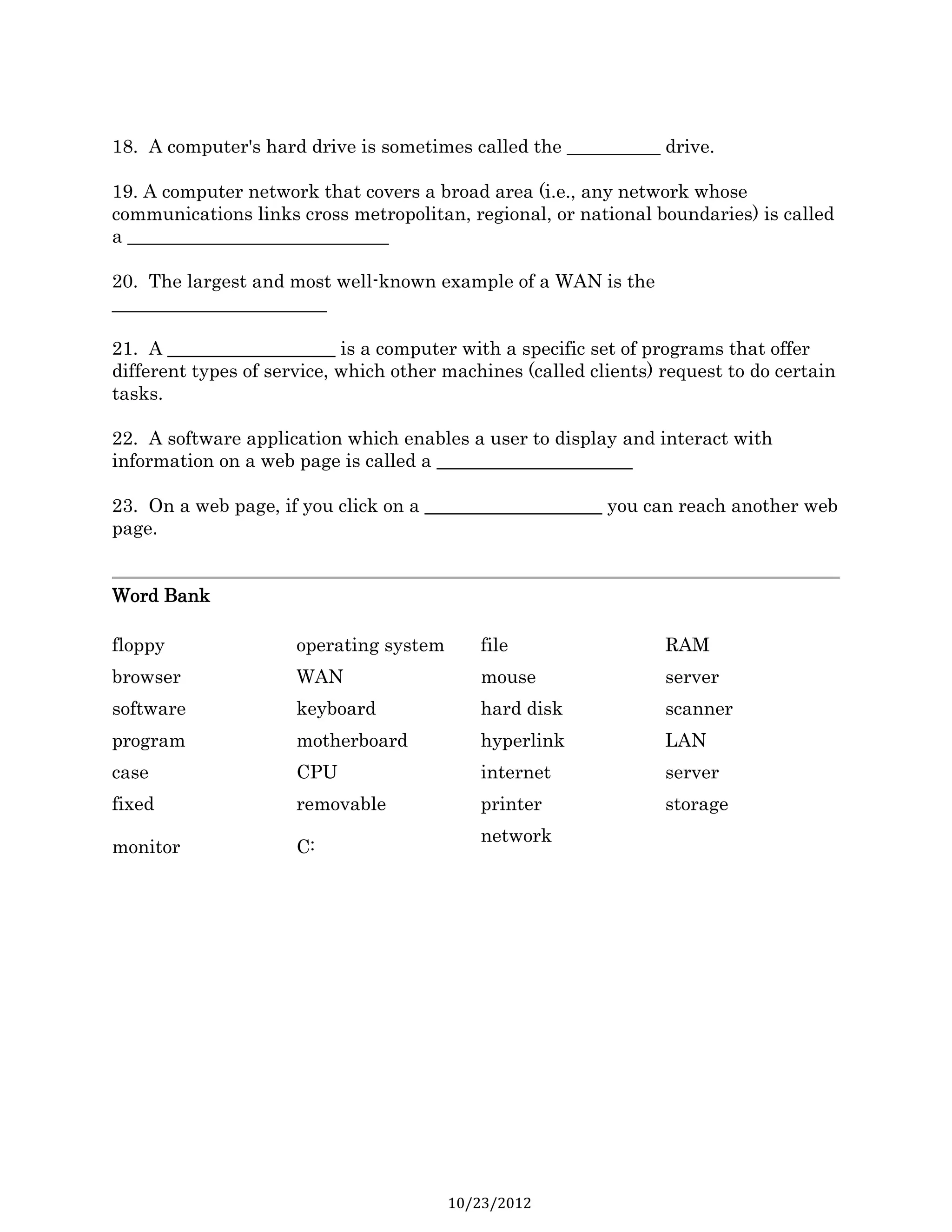 Computer hardware worksheet | PDF