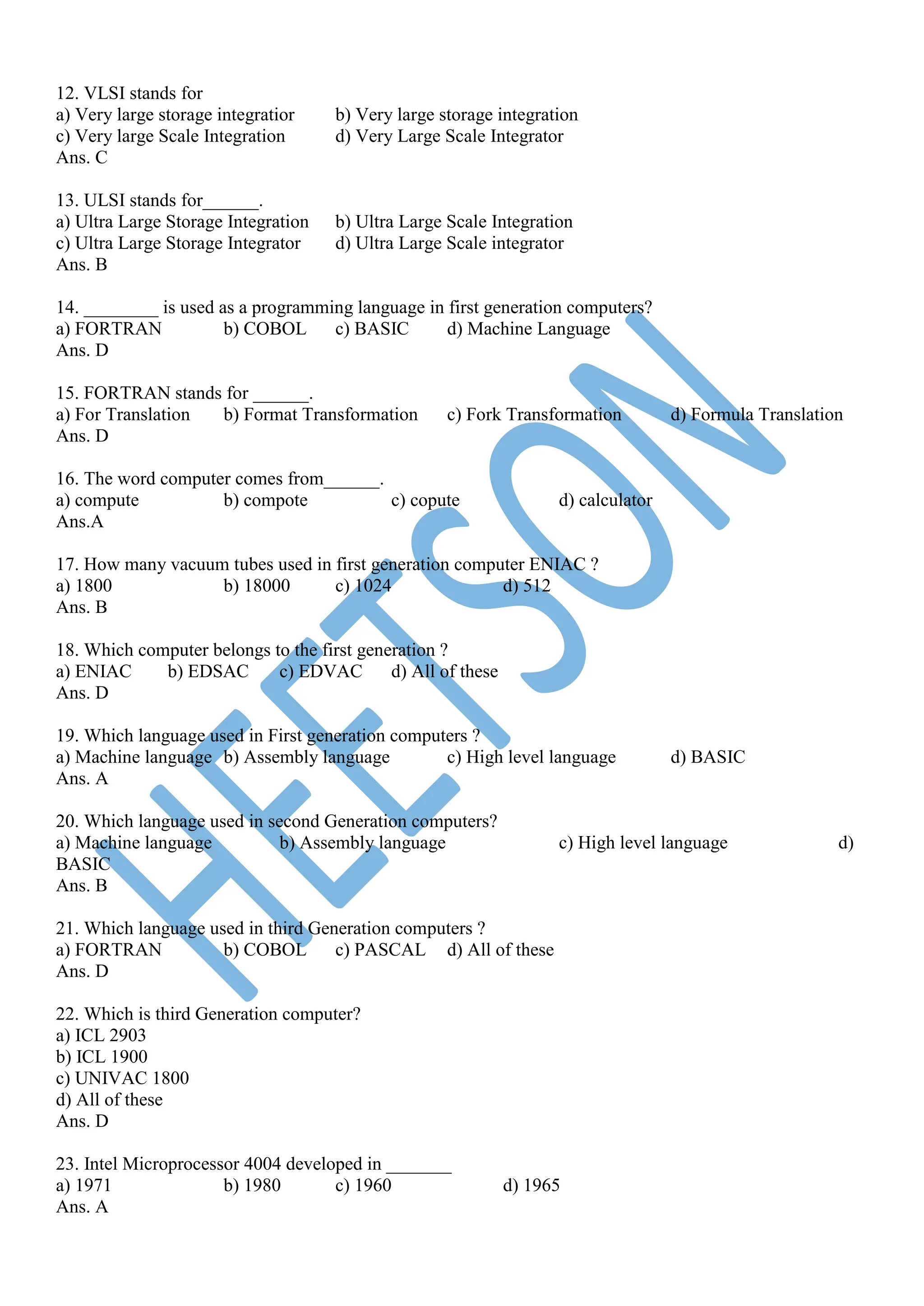 Computer Generation Question Answer History MCQ | PDF