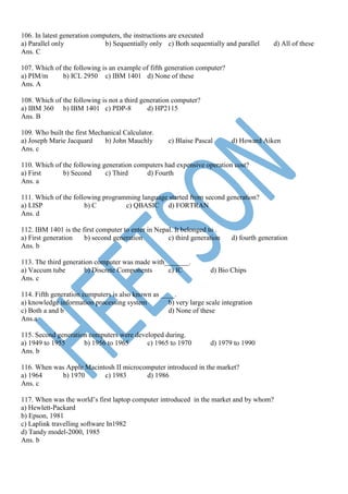 Computer Generation Question Answer History MCQ | PDF