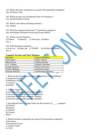 Computer Generation Question Answer History MCQ | PDF