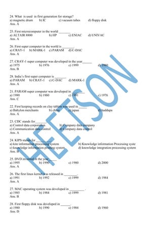 Computer Generation Question Answer History MCQ | PDF