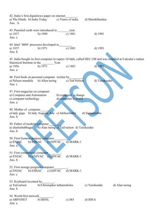 Computer Generation Question Answer History MCQ | PDF