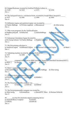 Computer Generation Question Answer History MCQ | PDF