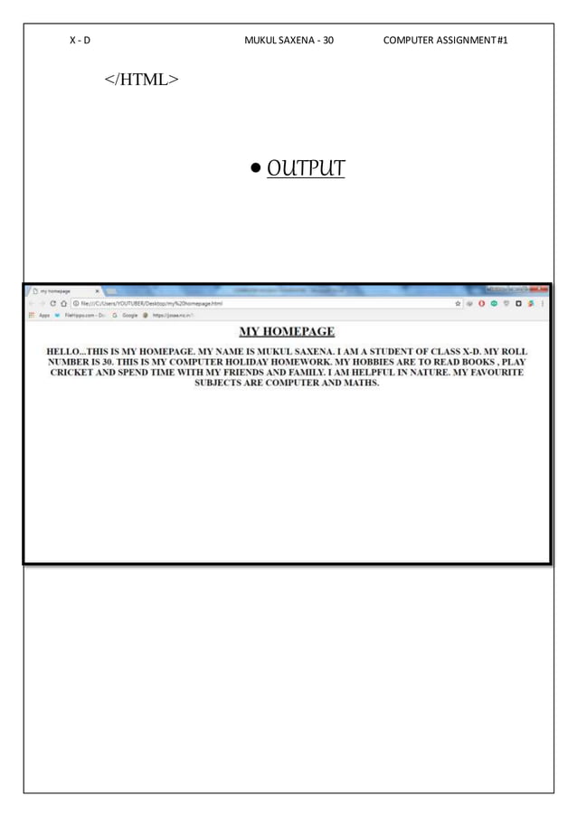 COMPUTER HOLIDAY HOMEWORK OF HTML CODING AND OUTPUTS ON MY HOMEPAGE ...