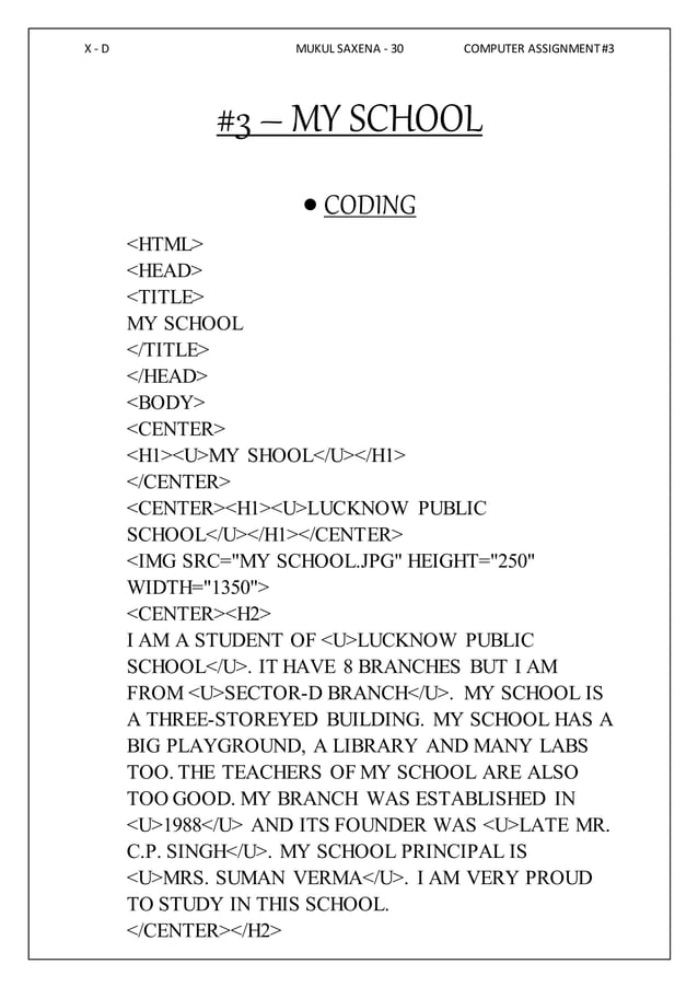 COMPUTER HOLIDAY HOMEWORK OF HTML CODING AND OUTPUTS ON MY HOMEPAGE ...