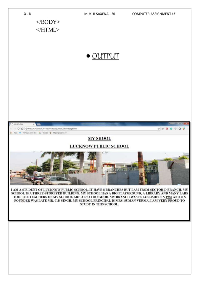 COMPUTER HOLIDAY HOMEWORK OF HTML CODING AND OUTPUTS ON MY HOMEPAGE ...