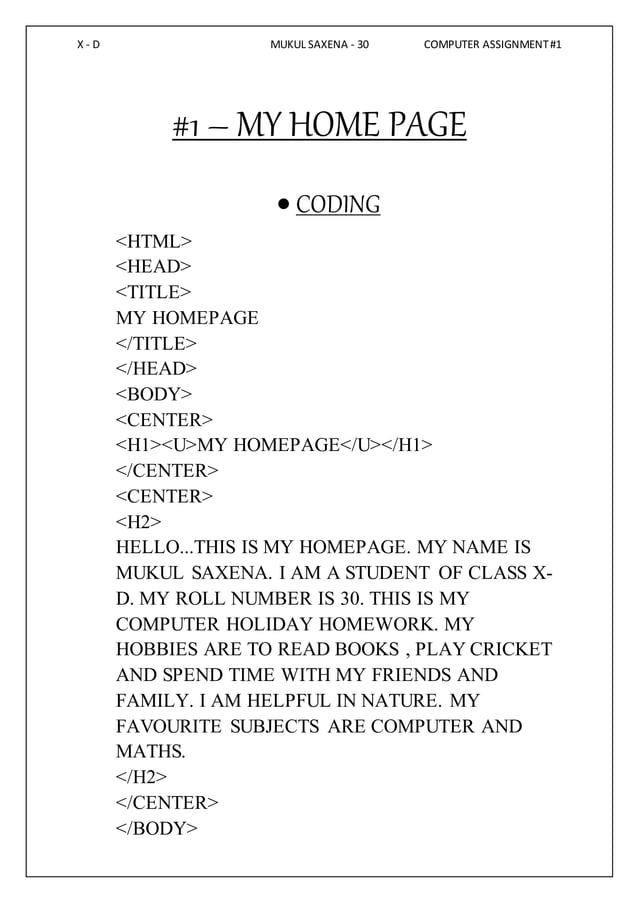 COMPUTER HOLIDAY HOMEWORK OF HTML CODING AND OUTPUTS ON MY HOMEPAGE ...