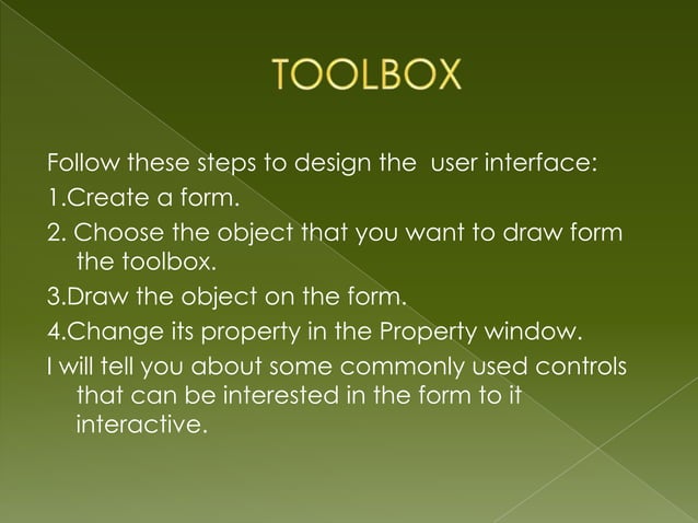 toolbox and its properties in the visual basic | PPTX