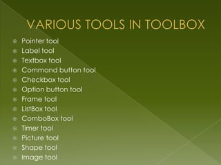 toolbox and its properties in the visual basic | PPTX