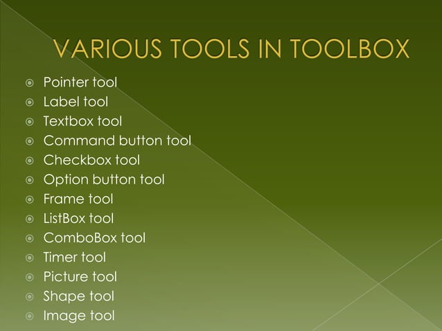 toolbox and its properties in the visual basic | PPTX