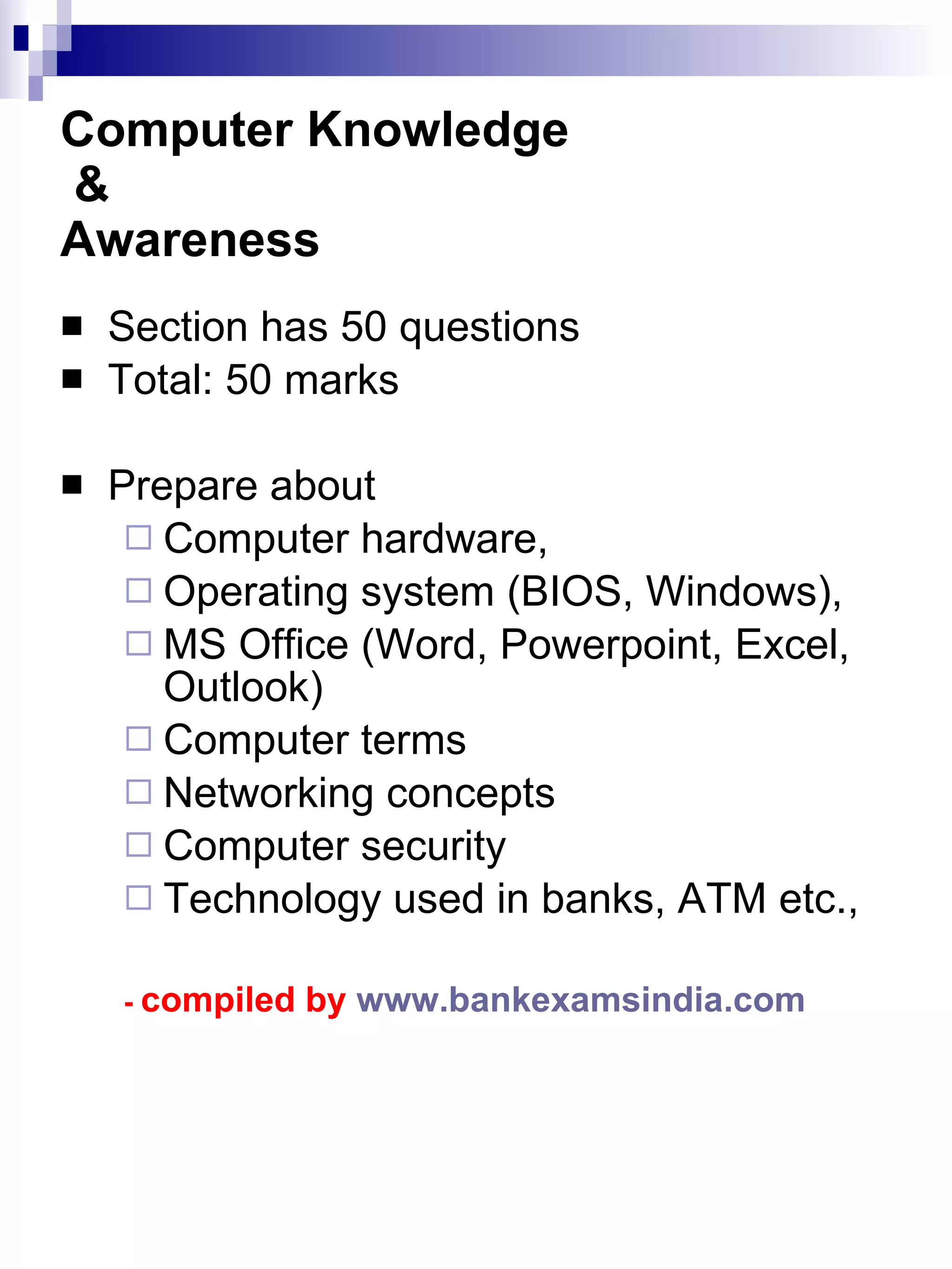 Bank Exam Computer Knowledge Questions | PPT