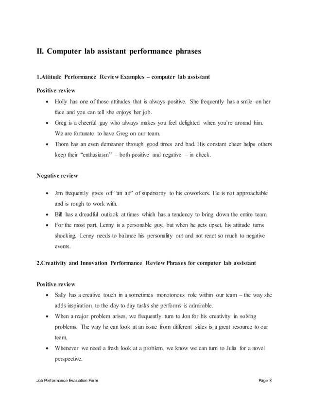 Computer lab assistant perfomance appraisal 2 | DOCX | Resume Writing ...