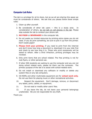 Computer lab rules | DOC