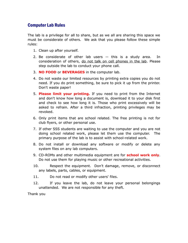 Computer lab rules | DOC | Computing | Technology & Computing
