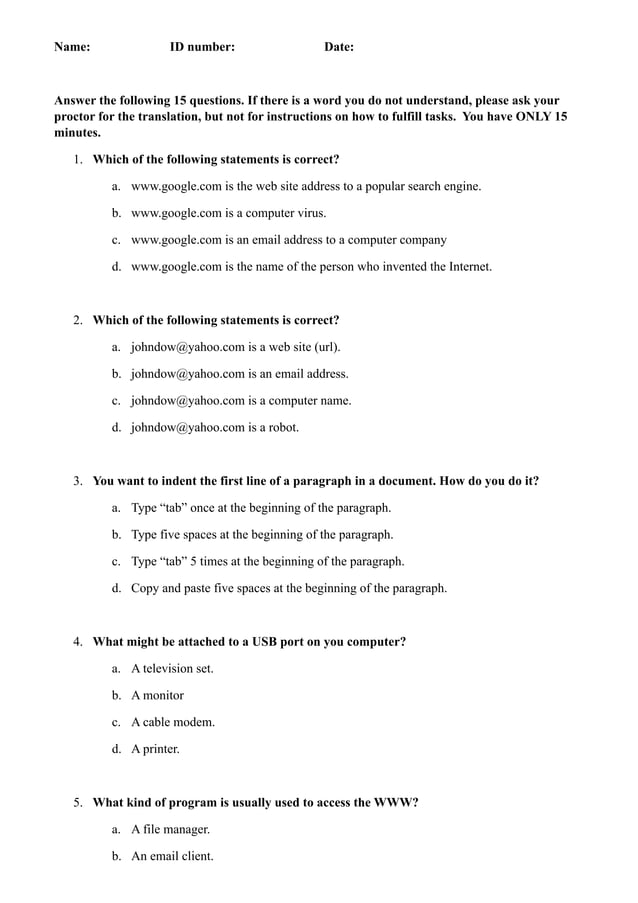 Computer literacy test | PDF | Internet for Beginners | Internet