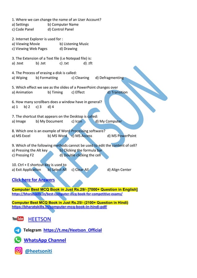 Computer Operation Question and Answer MCQ | PDF | Computer Software and Applications | Computing