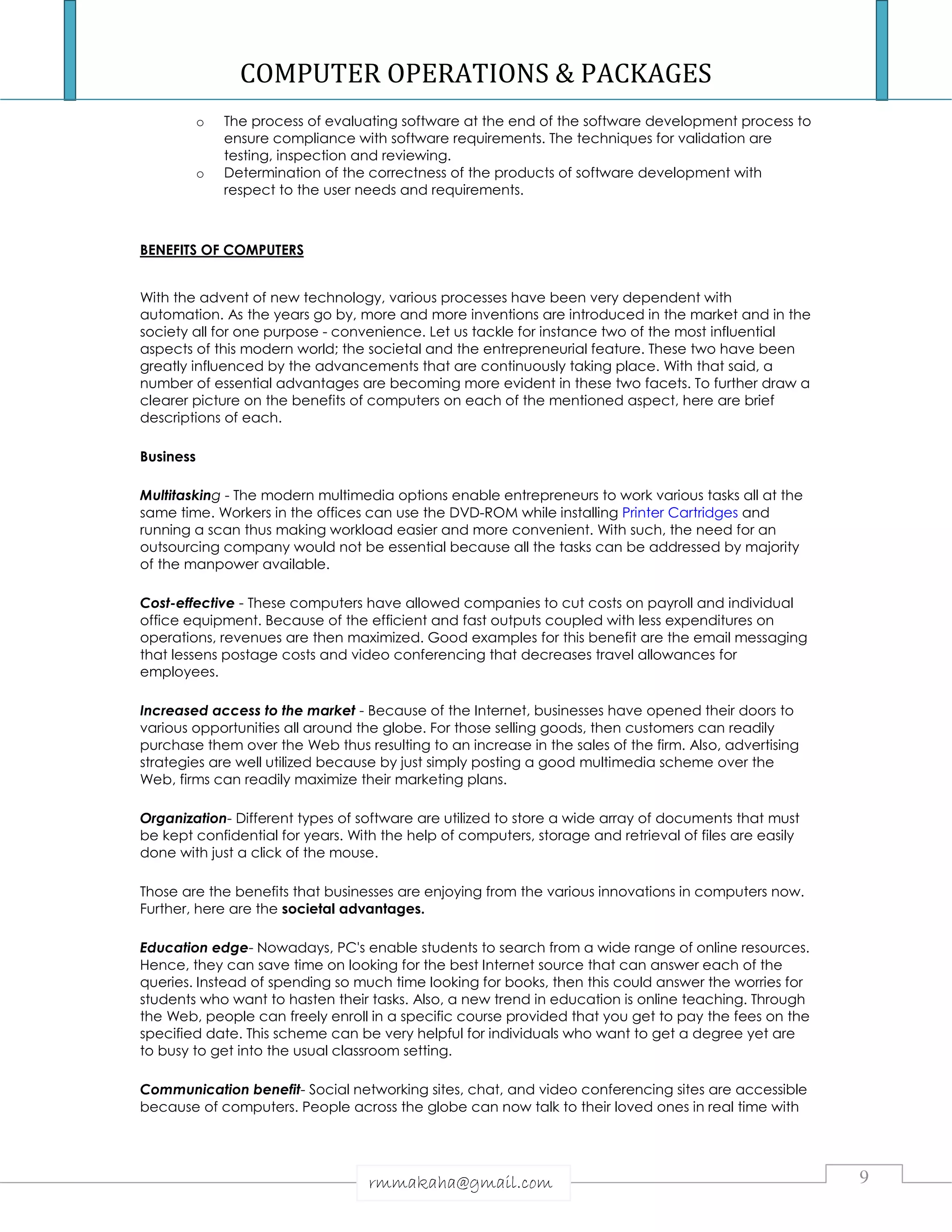 COMPUTER OPERATIONS & PACKAGES NOTES & INTRODUCTION TO COMPUTERS | PDF ...