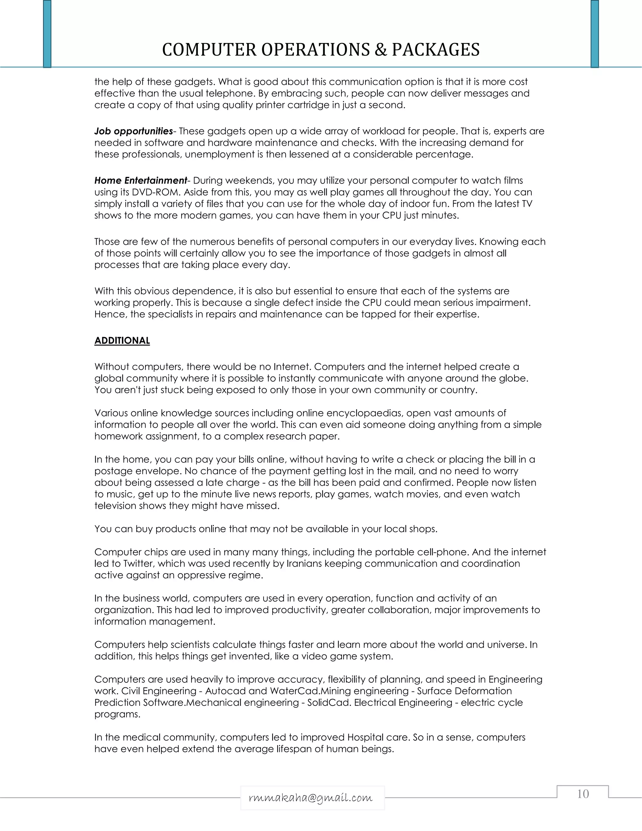 COMPUTER OPERATIONS & PACKAGES NOTES & INTRODUCTION TO COMPUTERS | PDF ...