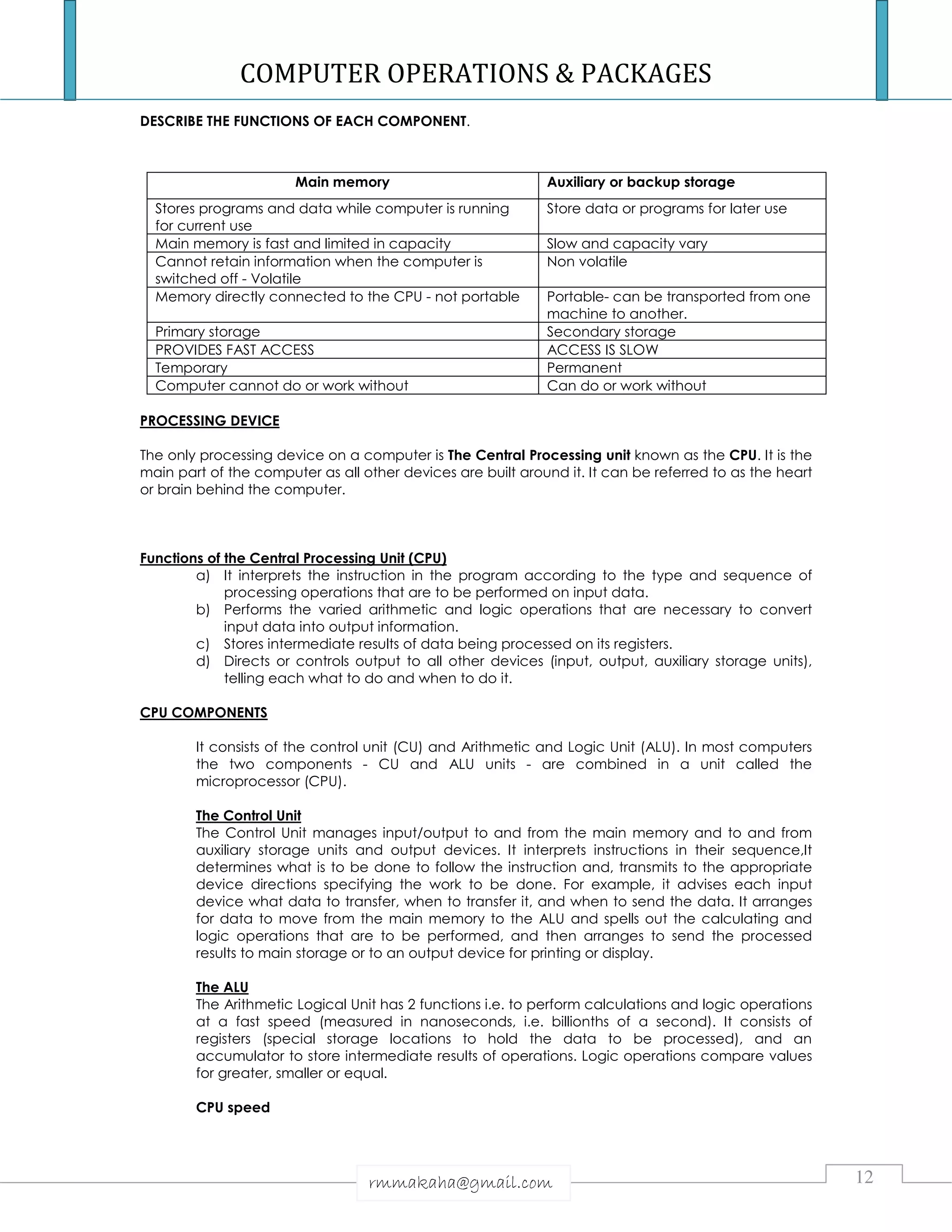 COMPUTER OPERATIONS & PACKAGES NOTES & INTRODUCTION TO COMPUTERS | PDF ...