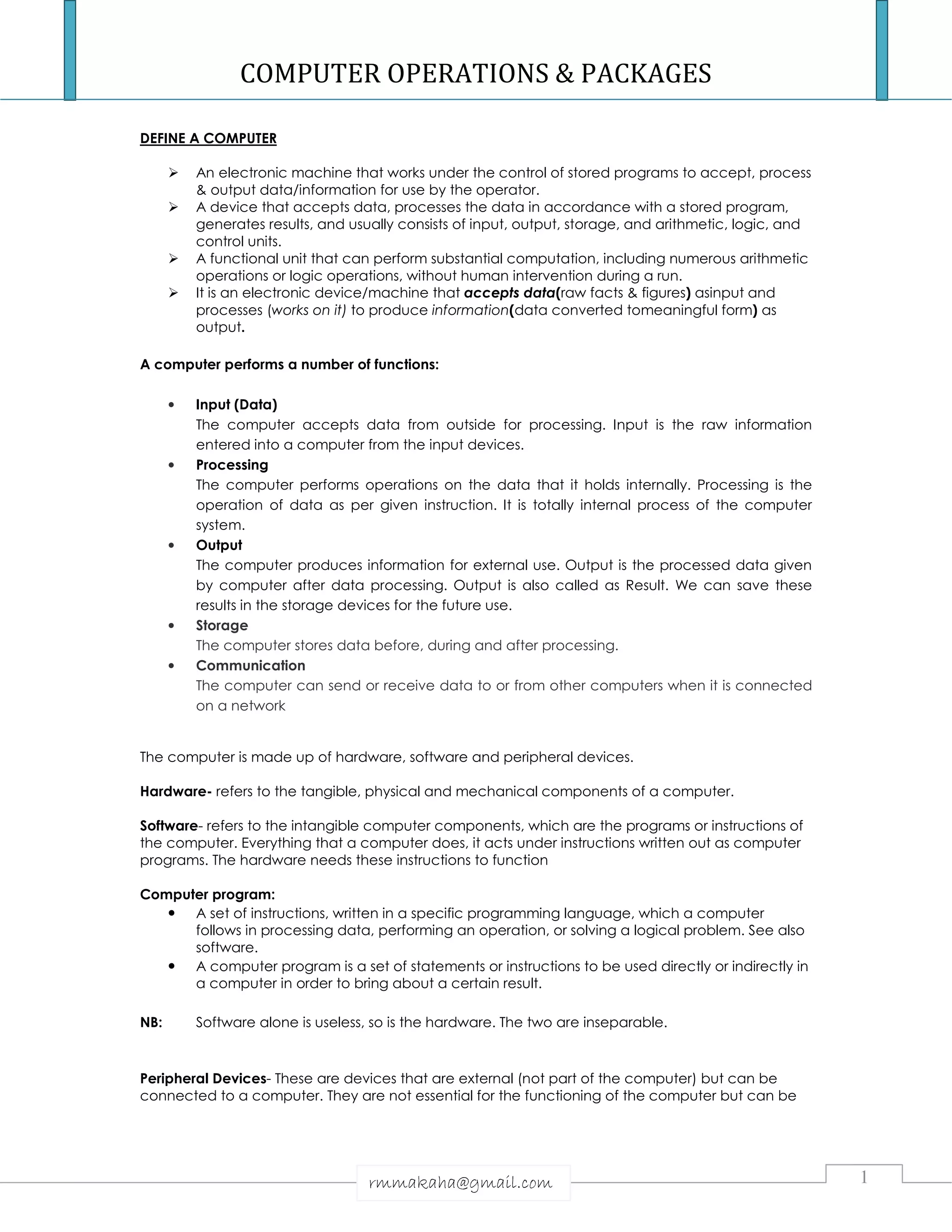 COMPUTER OPERATIONS & PACKAGES NOTES & INTRODUCTION TO COMPUTERS | PDF ...