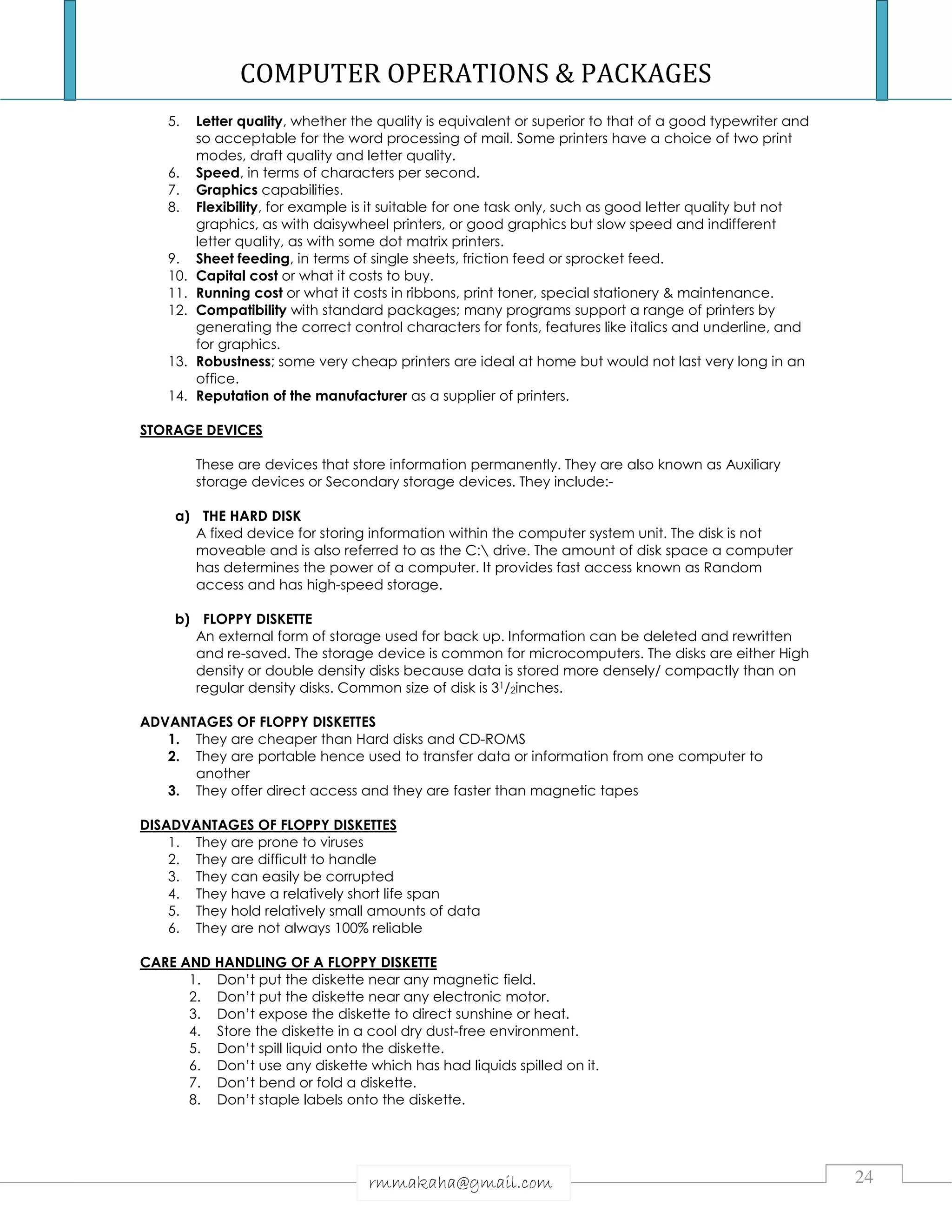 COMPUTER OPERATIONS & PACKAGES NOTES & INTRODUCTION TO COMPUTERS | PDF ...